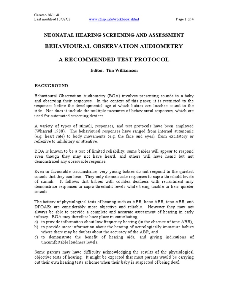 BOA Test Protocol for Newborn Hearing | PDF | Hearing | Infants