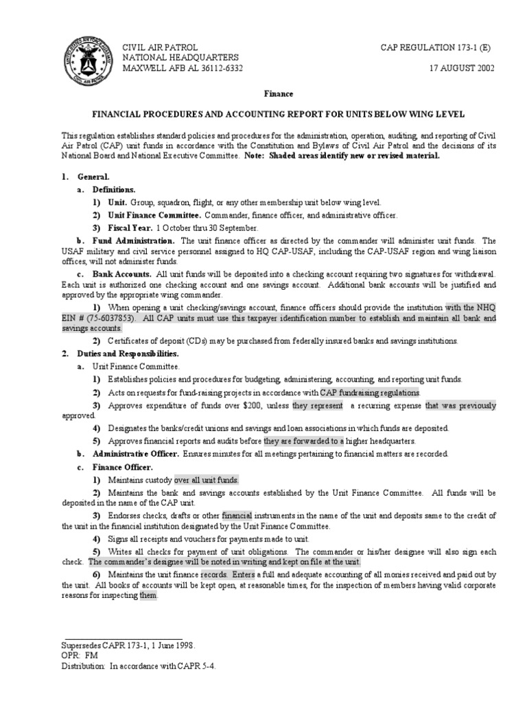 CAP Regulation 173-1 - 08/17/2002 | PDF | Civil Air Patrol | Expense