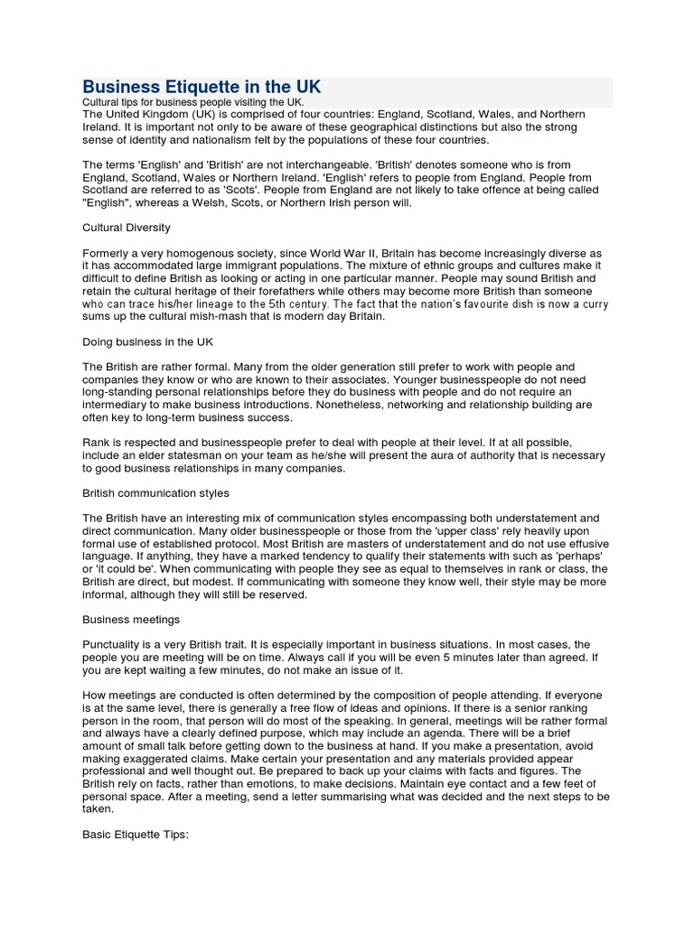 Business Etiquette in The UK | PDF | Gratuity | United Kingdom