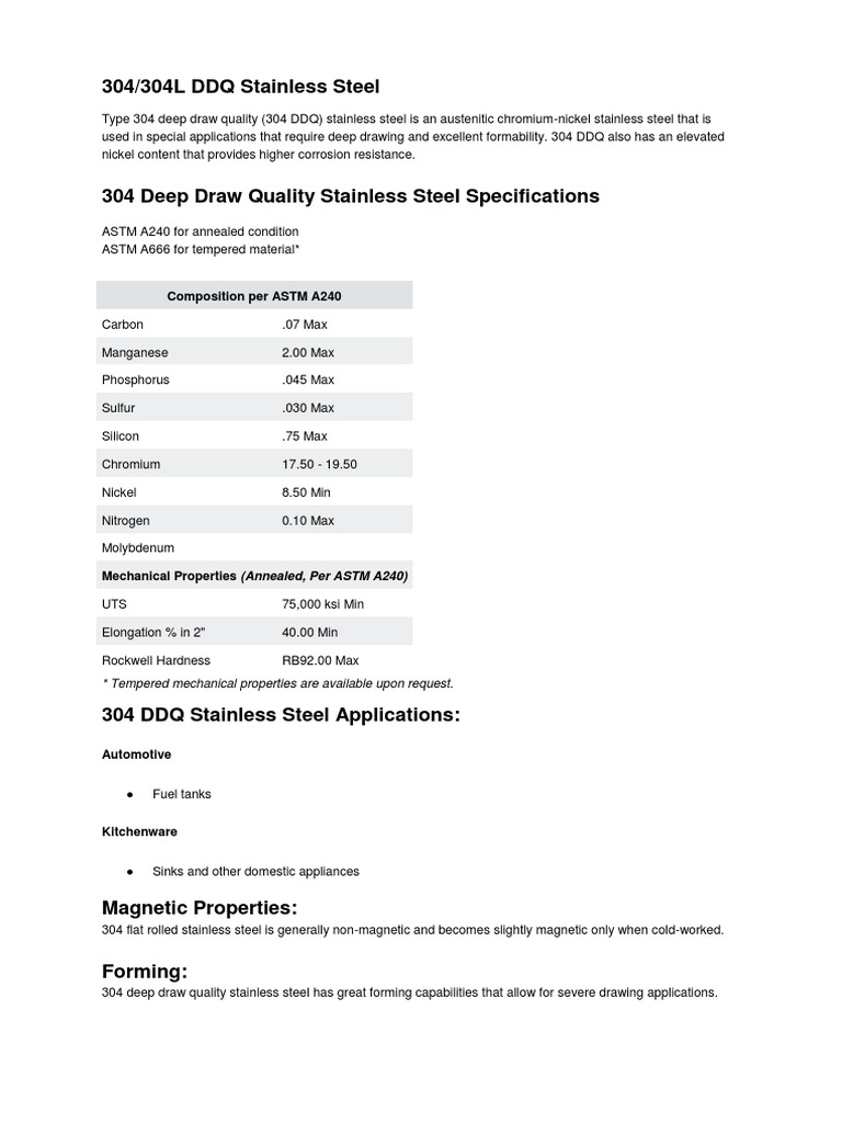 304 DDQ Specification | PDF | Stainless Steel | Steel