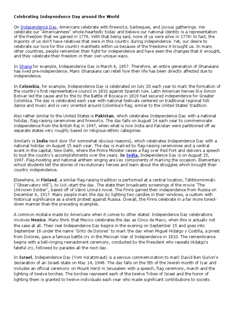 Celebrating Independence Day Around The World Worksheet | PDF ...