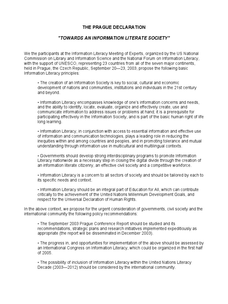Prague Declaration | PDF | Information Literacy | Literacy