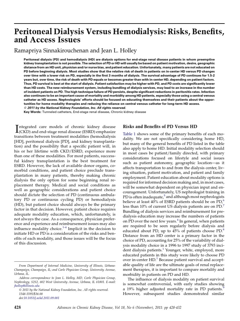 Peritoneal Dialysis Versus Hemodialysis Risks, Benefits, And Access ...