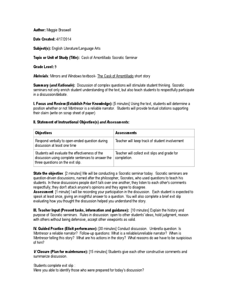 Socratic Seminar Lesson Plan | PDF | Question | Lesson Plan