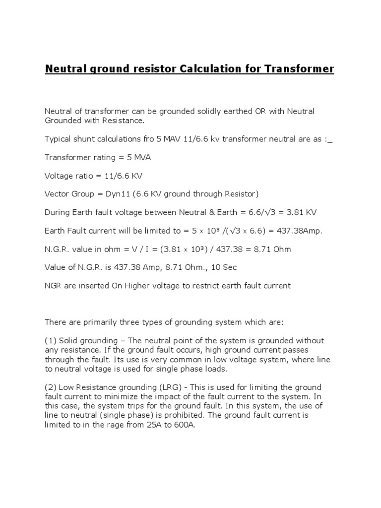 Neutral Ground Resistor Calculation For Transformer | PDF | Resistor ...