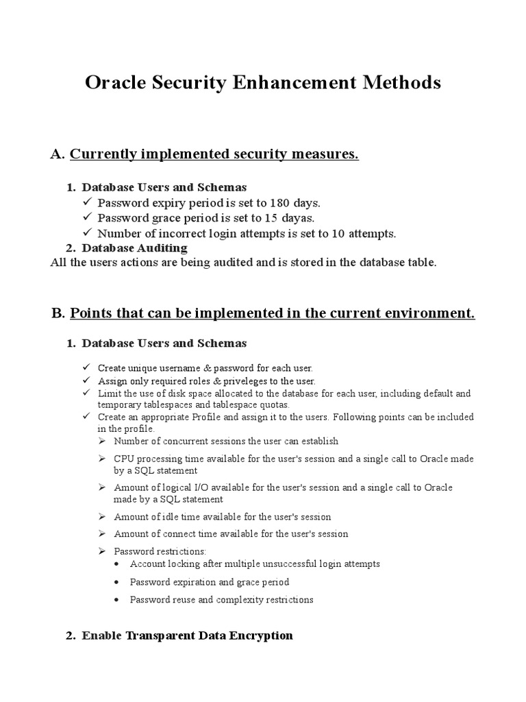 Oracle Security Enhancement Methods: A. Currently Implemented Security Measures | PDF | Oracle ...