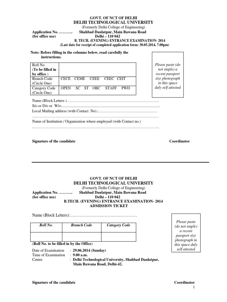 DTU BTech Evening Application Form | PDF | Government | Further Education
