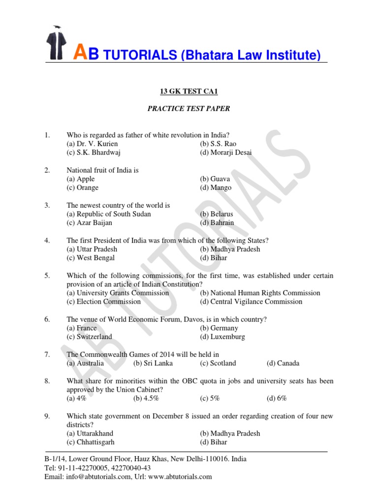 General Knowledge For CLAT - Sample Test | PDF | Government