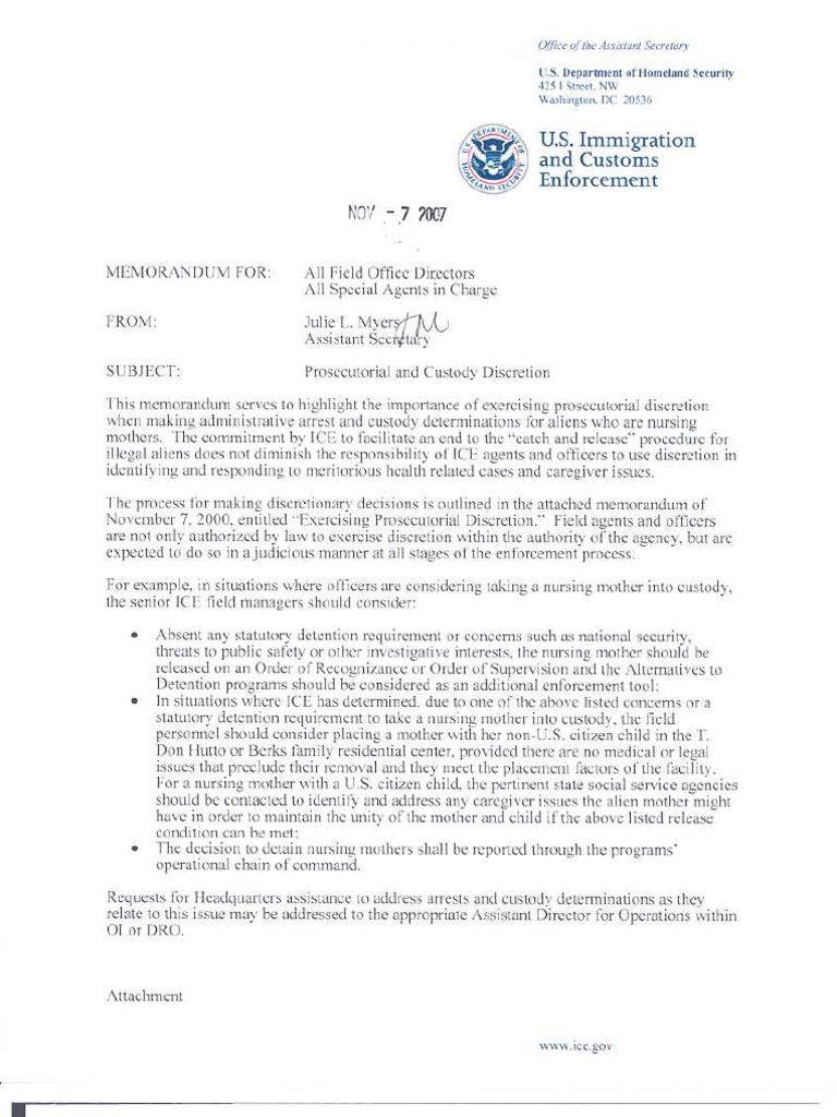 ICE Guidance Memo - Prosecutorial Discretion, Julie Myers (11/7/07) | PDF