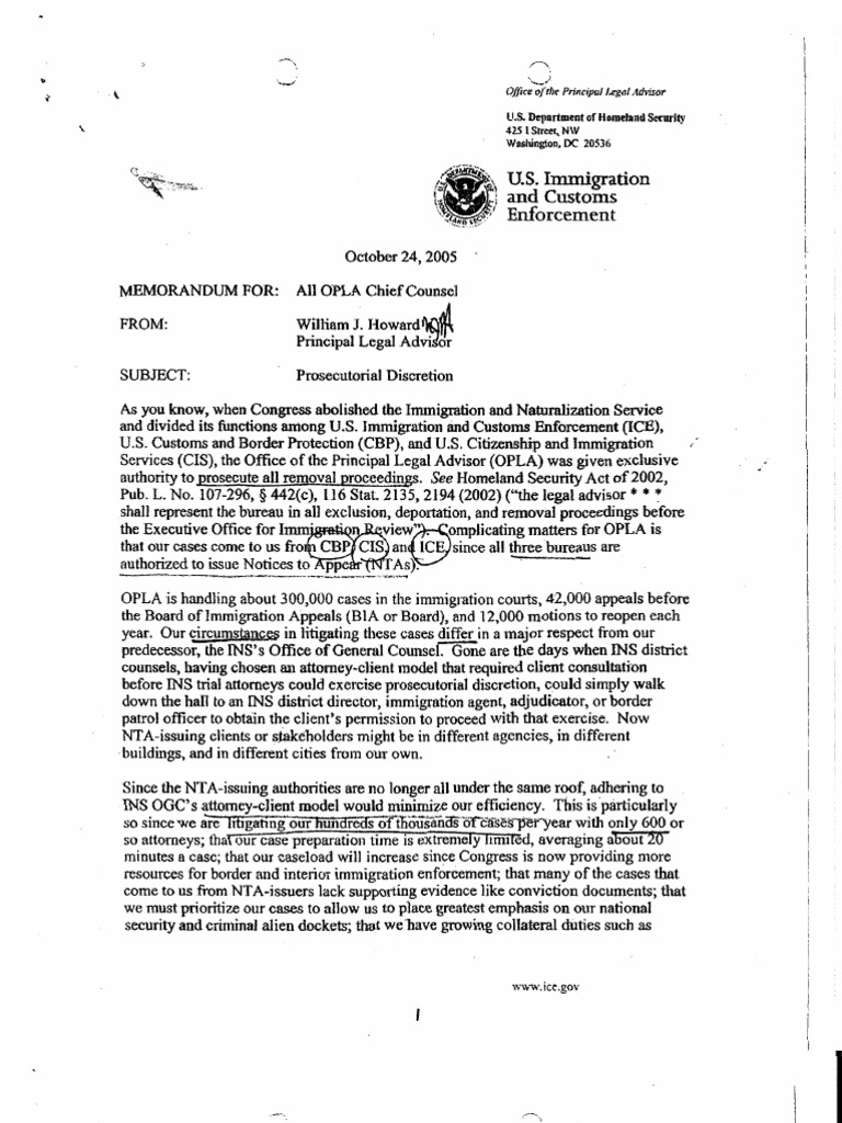 ICE Guidance Memo - Prosecutorial Discretion, William J. Howard 10/24/05)