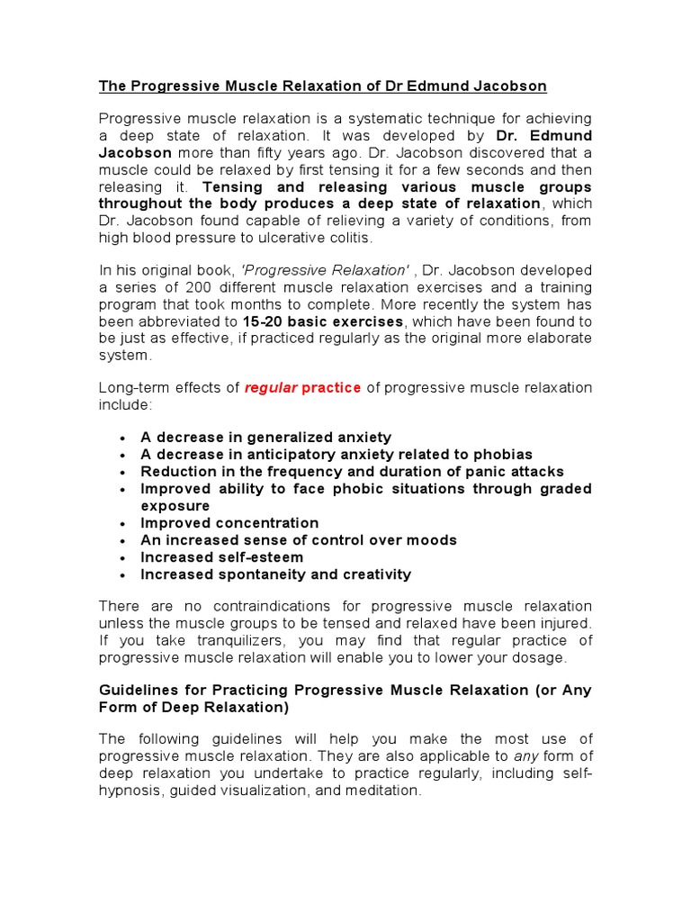 The Progressive Muscle Relaxation | PDF | Relaxation (Psychology ...