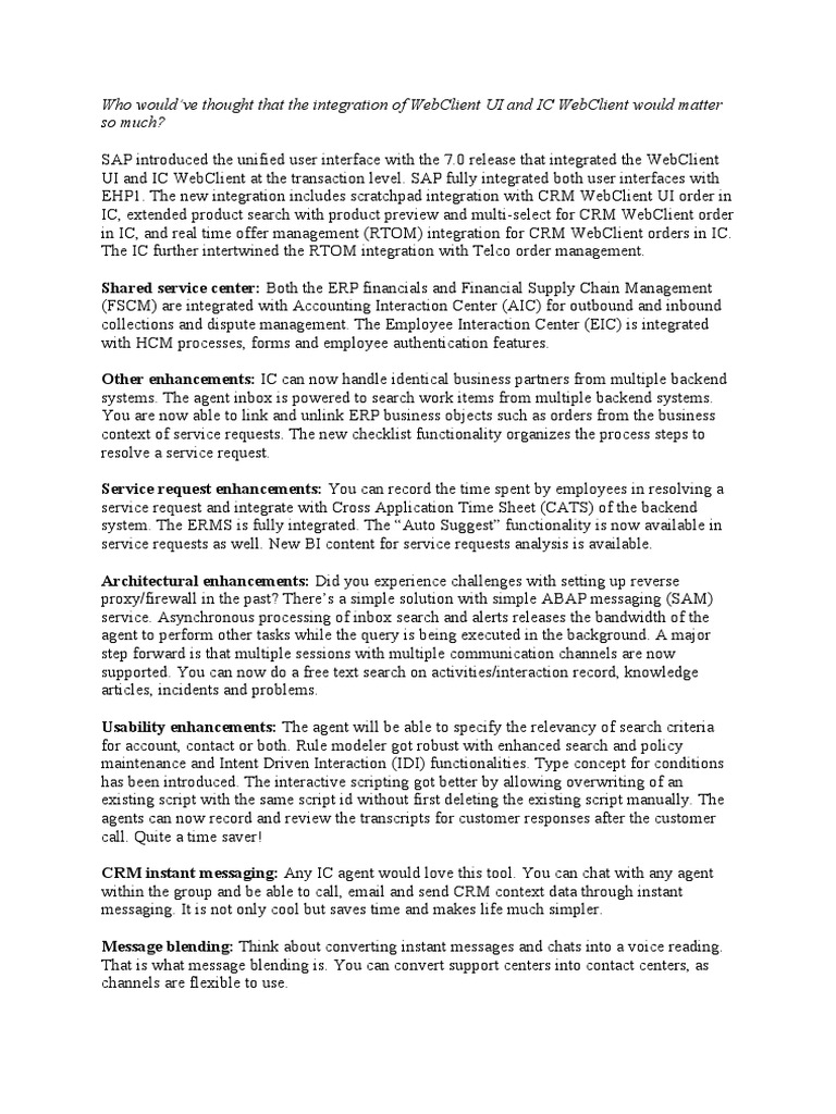Whats New In Interaction Center With Sap Crm 7 0 Ehp1 Pdf Areas Of Computer Science