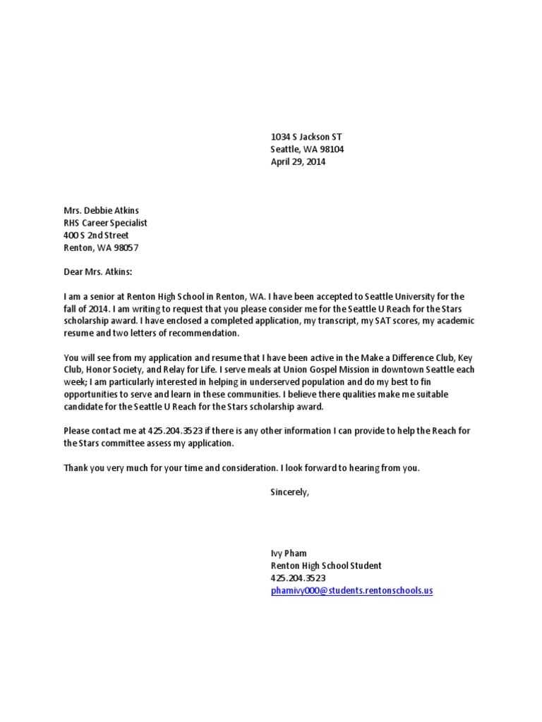 Lesson 10 Scholarship Letter Ivy Pham | PDF | Schools | Further Education