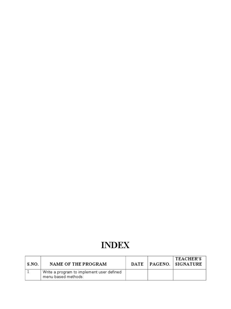 Index: S.No. Name of The Program Date Pageno. Teacher'S Signature | PDF | Method (Computer ...