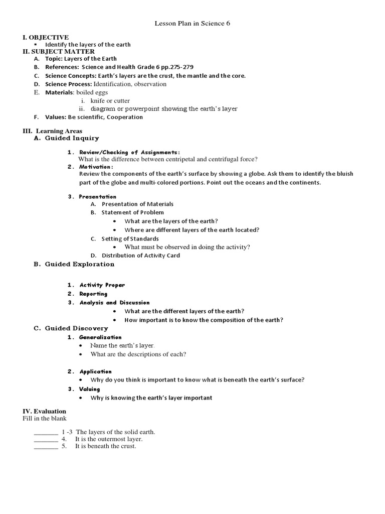 Lesson Plan in Science 6 (Layers of The Earth) Maann Bautista | PDF ...