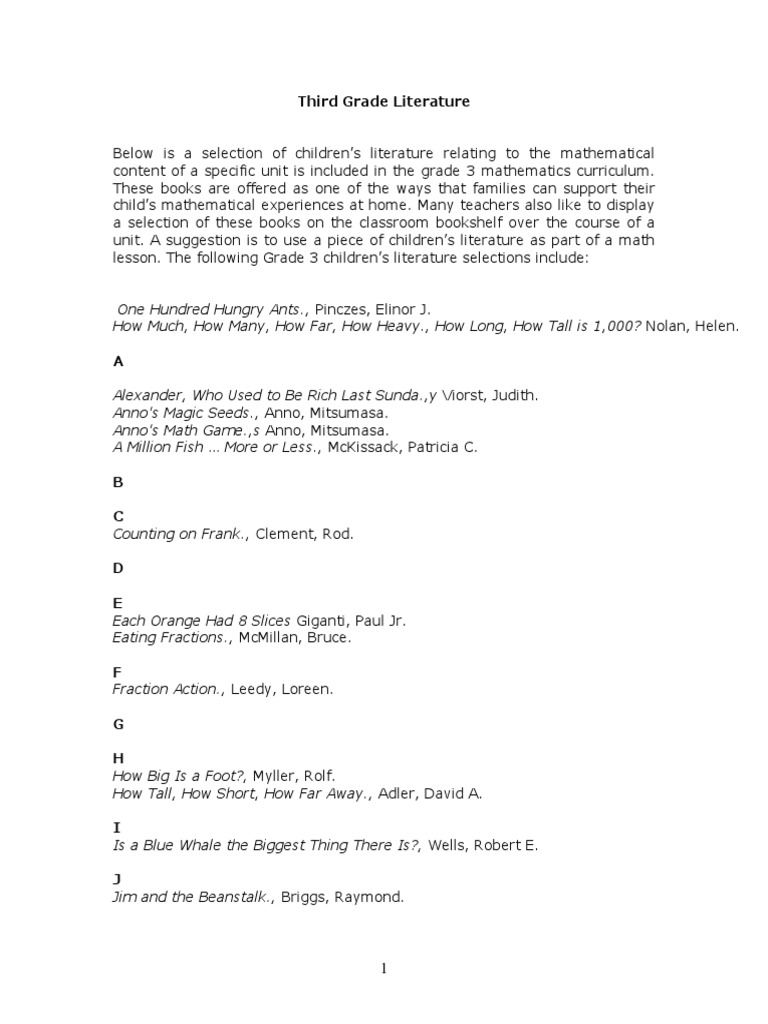 Third Grade Math Literature Guide | PDF