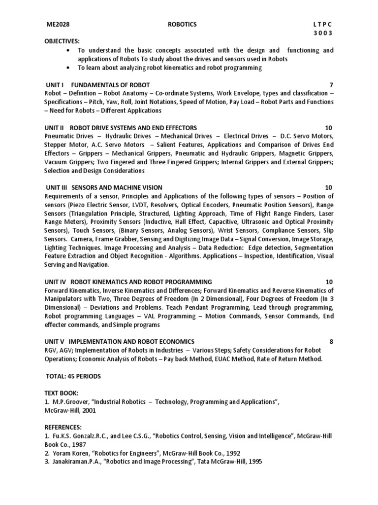 Robotics Syllabus Robotics Robot