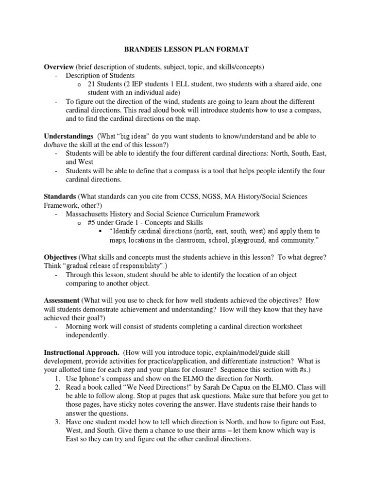 Lesson Plan For Cardinal Direction | PDF | Lesson Plan | Psychological ...