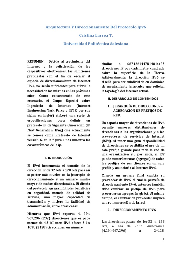 Arquitectura Y Direccionamiento Del Protocolo Ipv6 | PDF | Yo Pv6 | Protocolos de internet