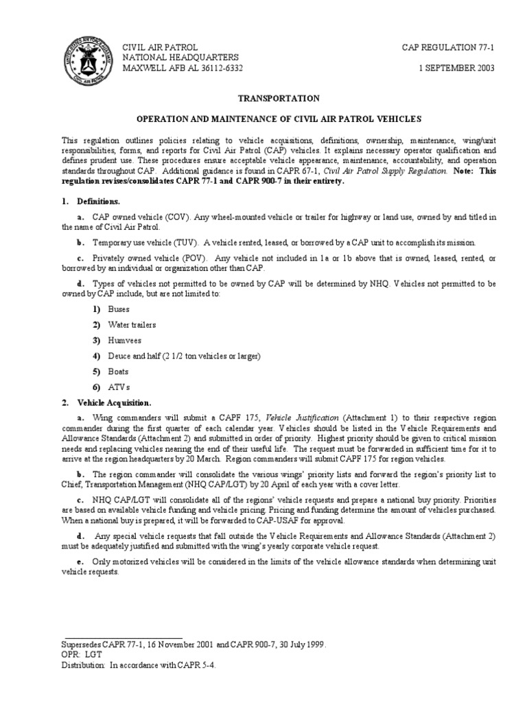 CAP Regulation 77-1 - 09/01/2003 | PDF | Tire | Civil Air Patrol