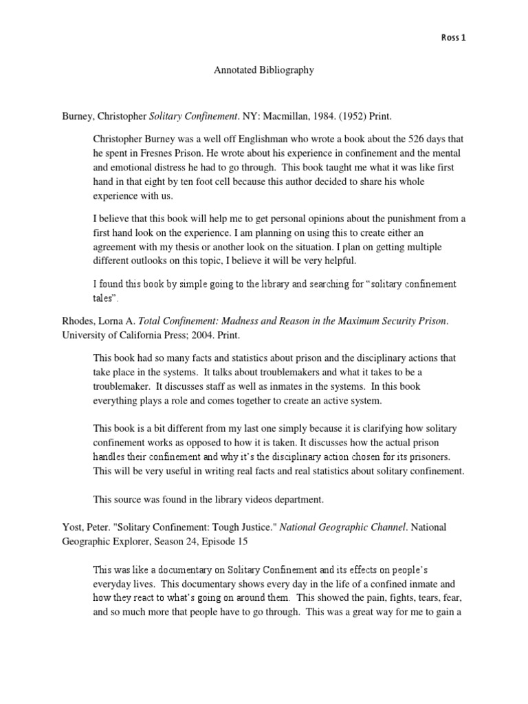 Jamel Ross Annotated Bib | PDF | Solitary Confinement | Prisoner
