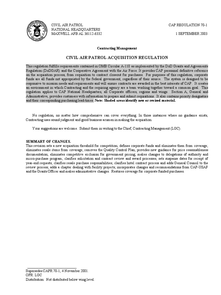 CAP Regulation 70-1 - 09/01/2003 | PDF | Civil Air Patrol | Mergers And ...