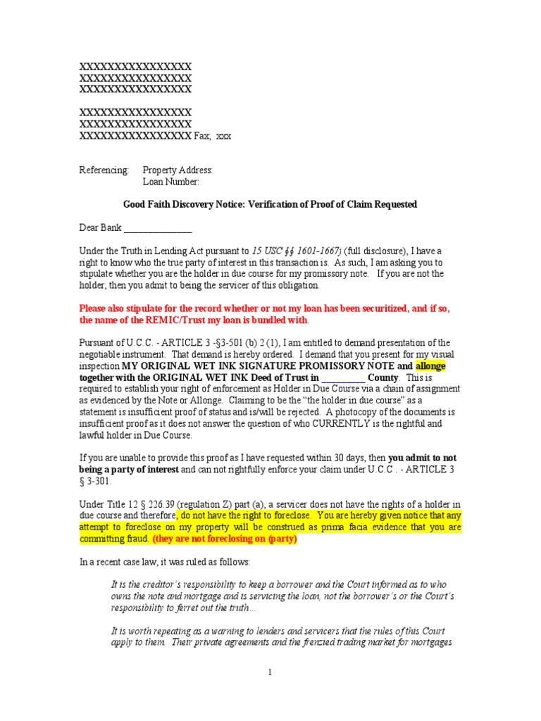 Initial DEMAND Letter to Lender | Loans | Balance Sheet