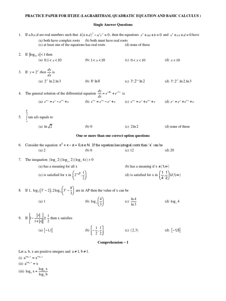 Practice Paper For IIT-JEE (Logarithm, Quadratic Equation and Basic Calculus) | Logarithm ...