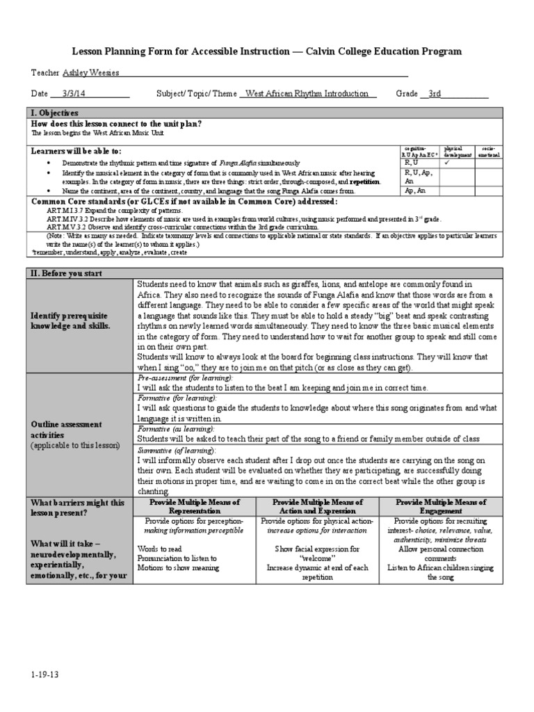 Funga Alafia Lesson Plan | PDF | Curriculum | Lesson Plan