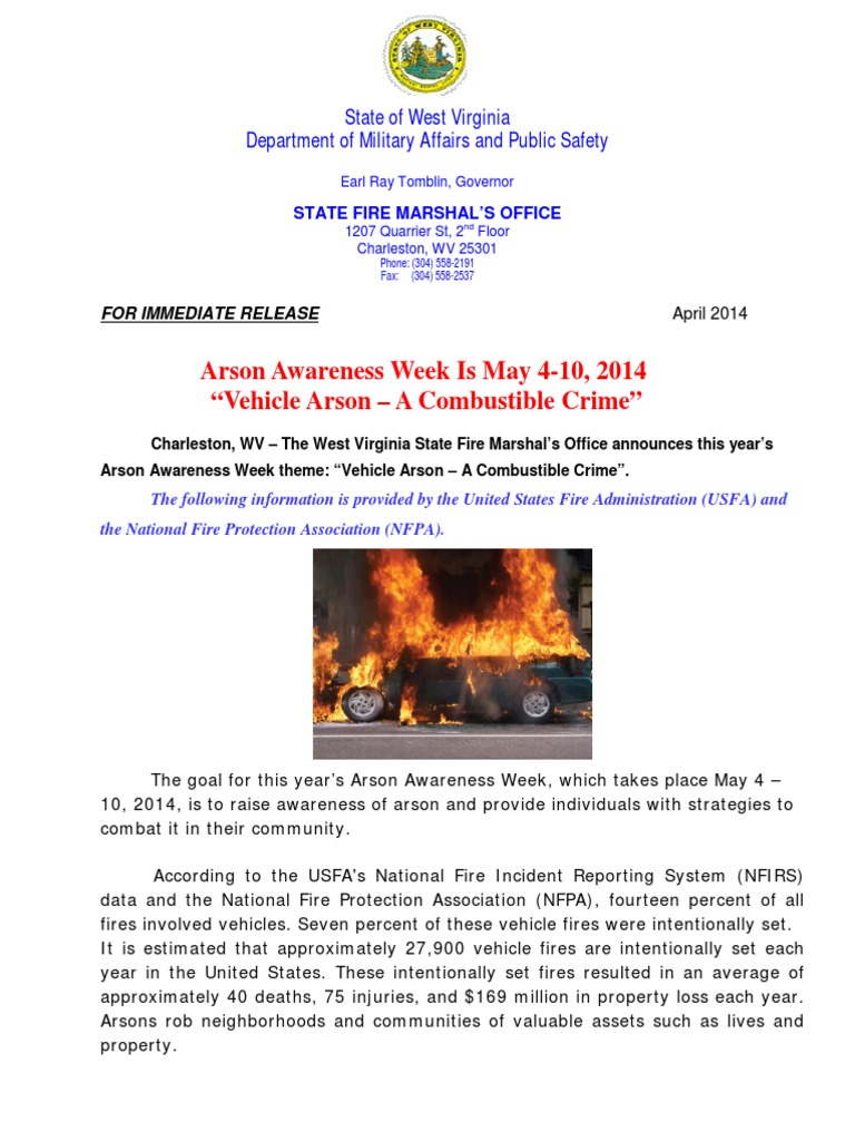 Arson Awareness Week Is May 4-10, 2014 "Vehicle Arson - A Combustible ...