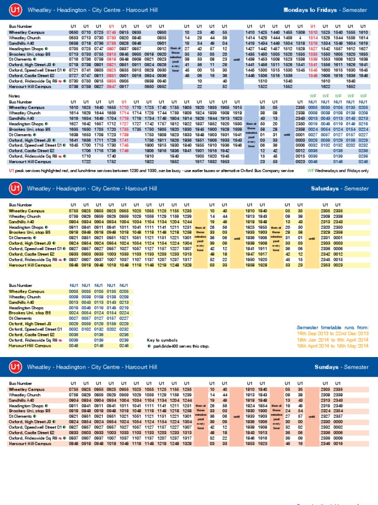 BrookesBus U1-U1X Semester Timetable | PDF | Oxford | Public Services