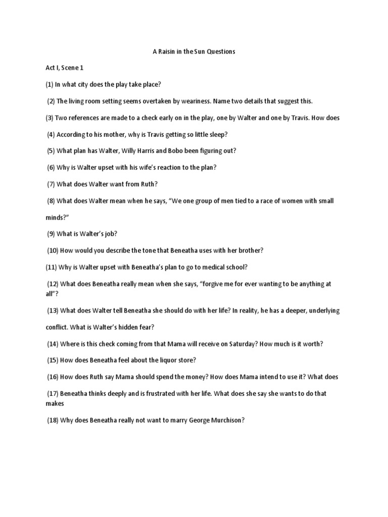 A Raisin in The Sun Questions Act 1 Scene 1 | PDF
