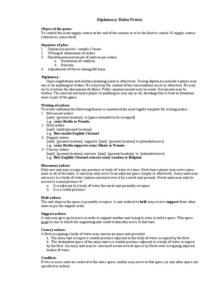 Diplomacy Rules Précis.: Object of The Game | PDF | Violence | Armed ...