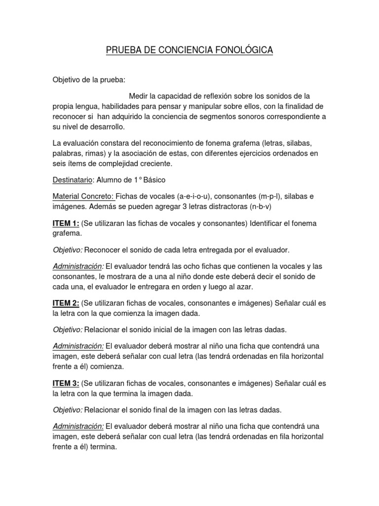 Evaluación de Conciencia Fonológica | PDF | Vocal | Fonología
