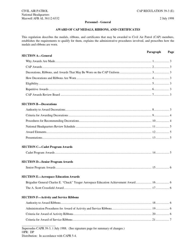 CAP Regulation 39-3 - 07/02/1998 | PDF | Awards And Decorations Of The ...