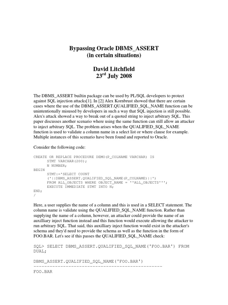 Bypassing Dbms Assert | PDF | Oracle Database | Sql