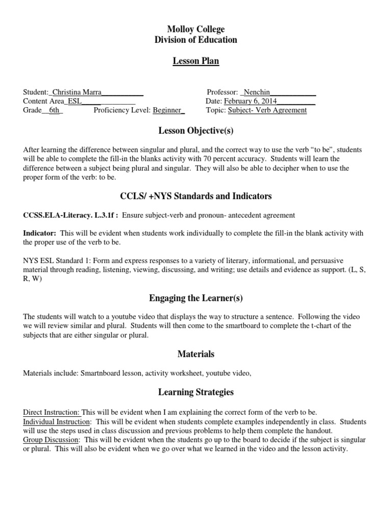 Lesson Plan - Subject Verb Agreement | PDF | Lesson Plan | Plural