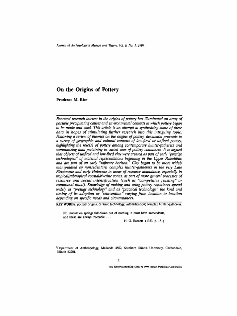 Rice 1999 On The Origins of Pottery | PDF | Pottery | Hunter Gatherer