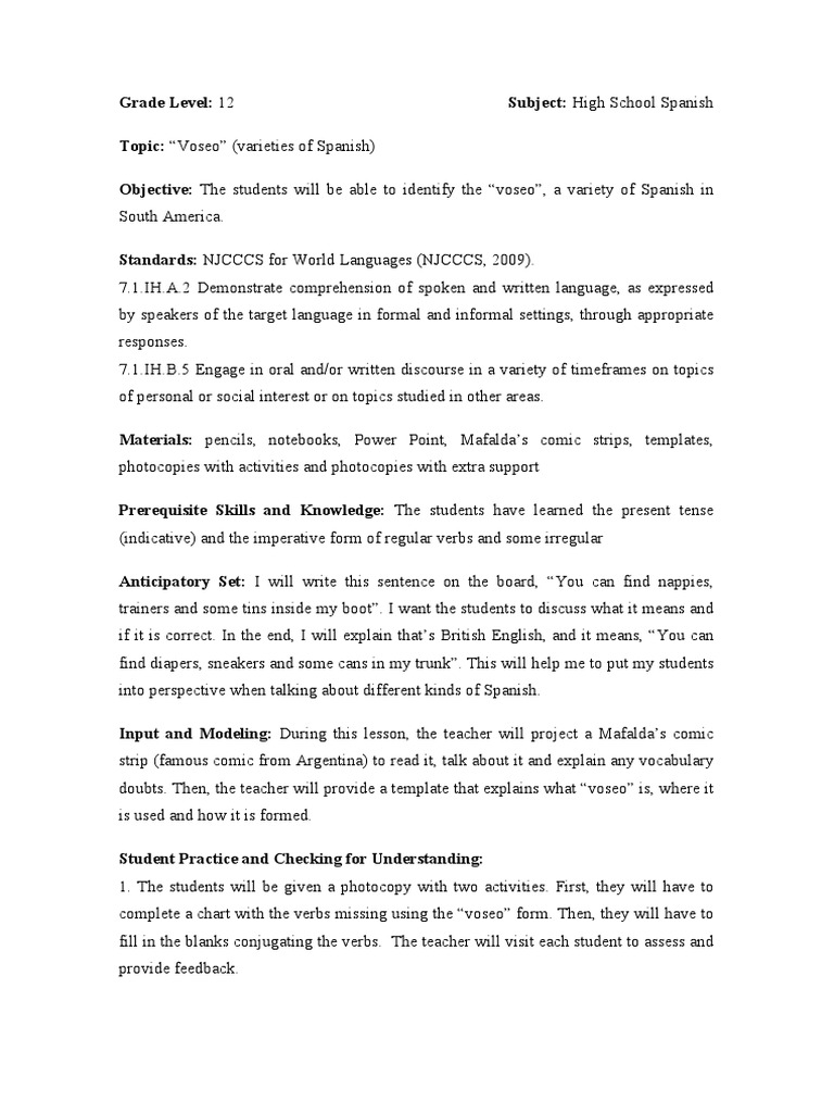 Understanding Voseo in Spanish | PDF | Spanish Language | Lesson Plan
