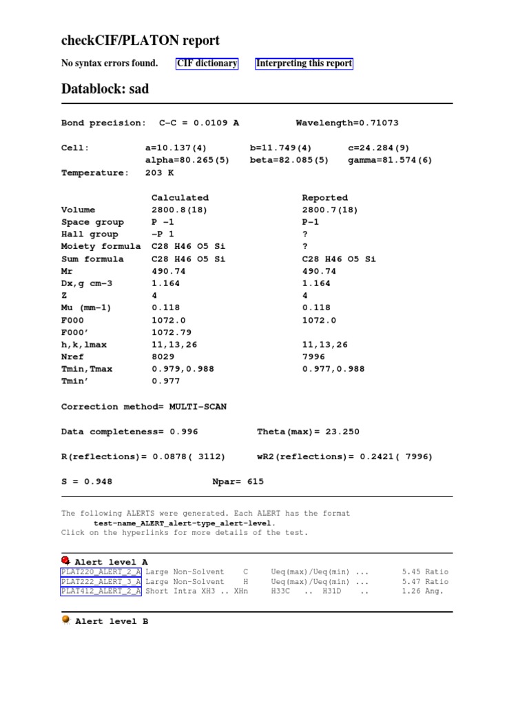 CIF Check Report for Datablock Sad | PDF | Physical Chemistry | Physics