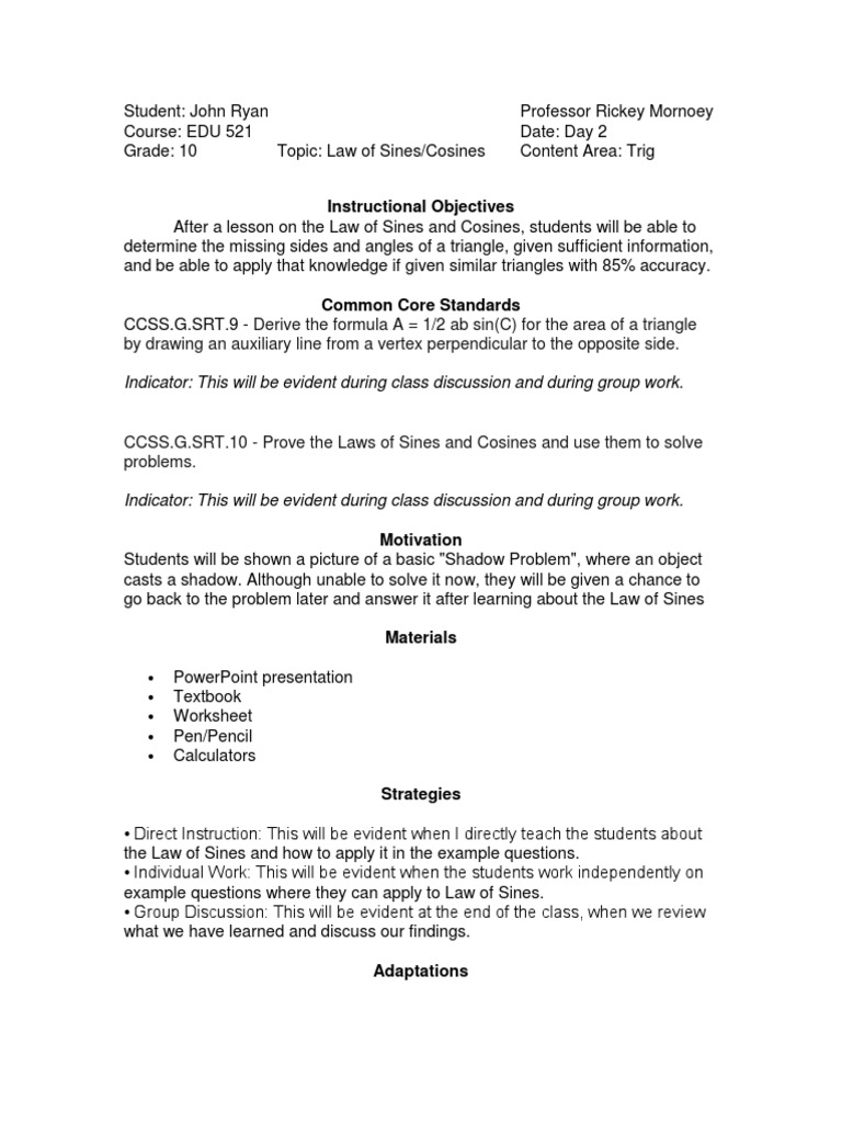 Law of Sines and Cosines Lesson Plan | PDF | Trigonometric Functions | Sine