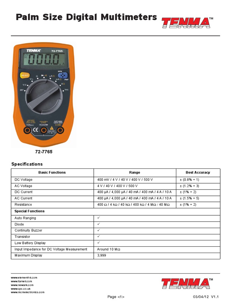 Tenma Digital Multimeter Specifications | PDF | Electronics ...