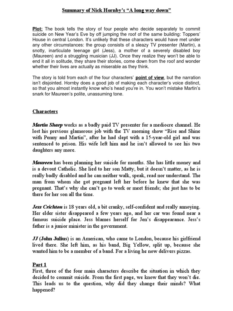Summary of Nick Hornby's "A Long Way Down" | PDF