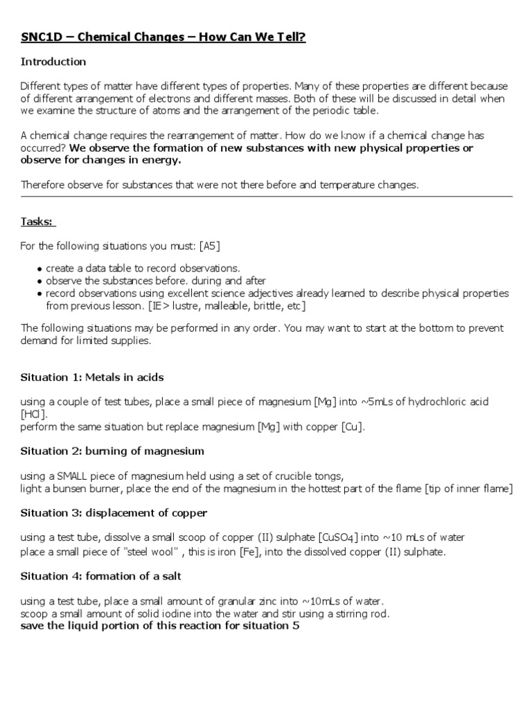SNC1D - Lab - Chemical Changes | PDF | Magnesium | Chemical Substances