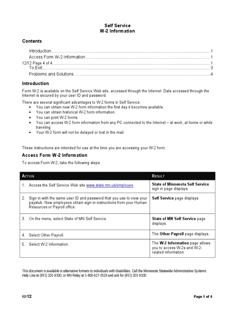 Self Service W-2 Information: WWW - State.mn - Us/employee | PDF ...