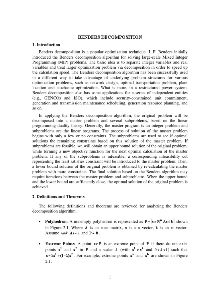 Benders Decomposition Pdf Linear Programming Mathematical Optimization
