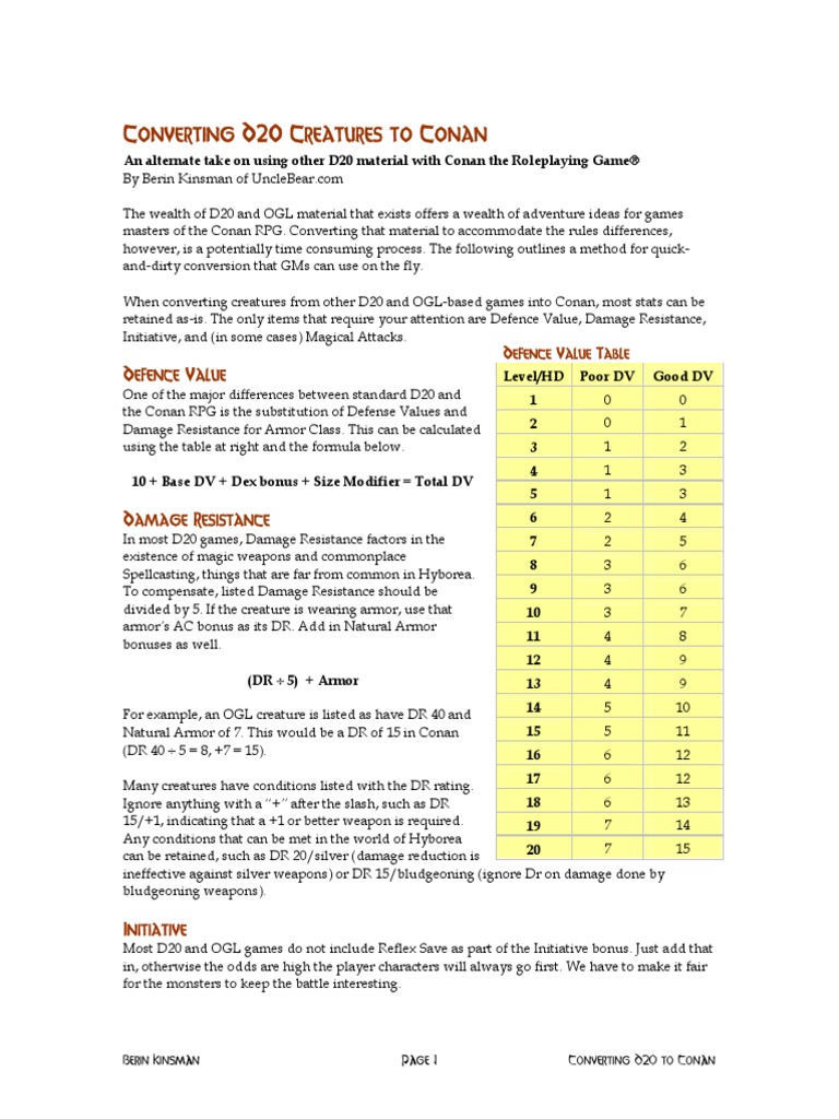 Berin Kinsman - Converting D20 Creatures To Conan | PDF | D20 System ...
