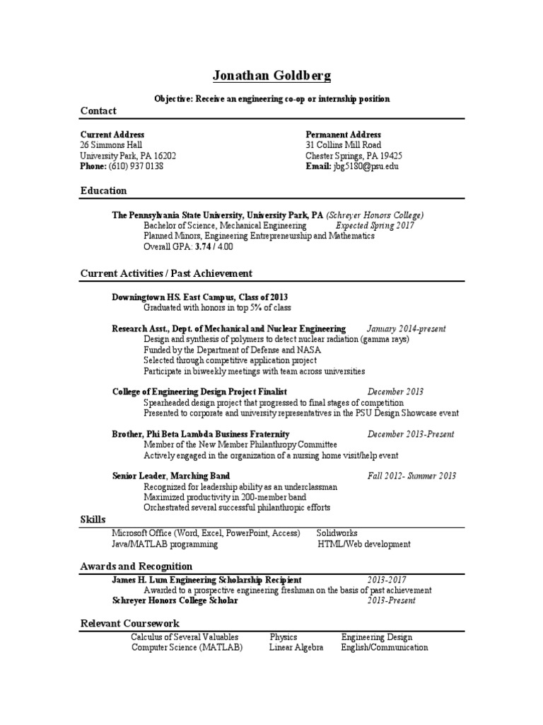 Jonathan Goldberg's Engineering Resume | PDF