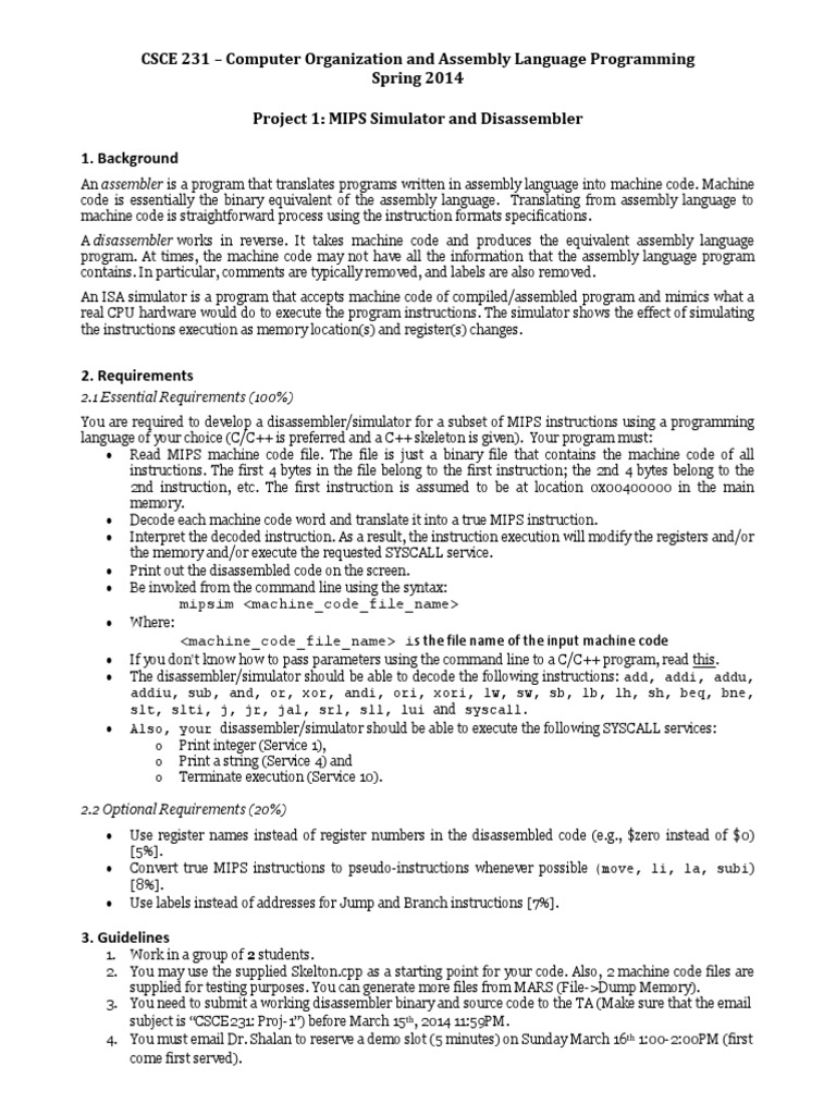 CSCE 231 Project 1 MIPS Dissembler | PDF | Assembly Language ...