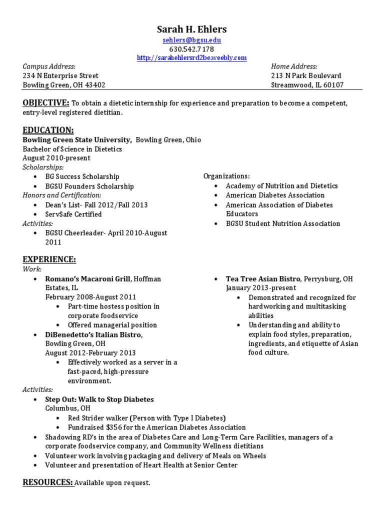 Dietetic Internship Application: Sara Ehlers | PDF | Career & Growth ...